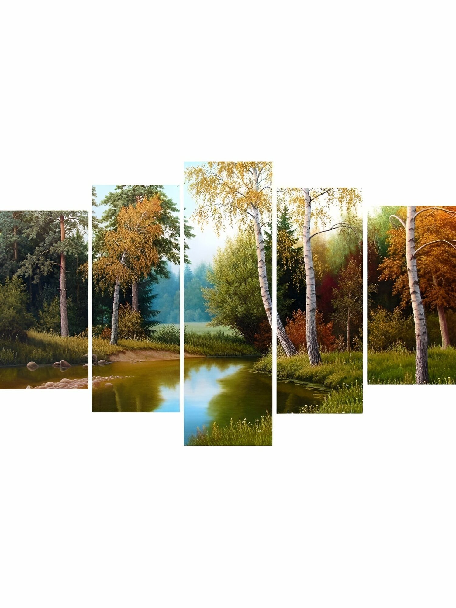 Modul007 Картина модульная на стену для интерьера 140х80 см из 5 модулей "Осенний лес" декор для комнаты на подрамнике