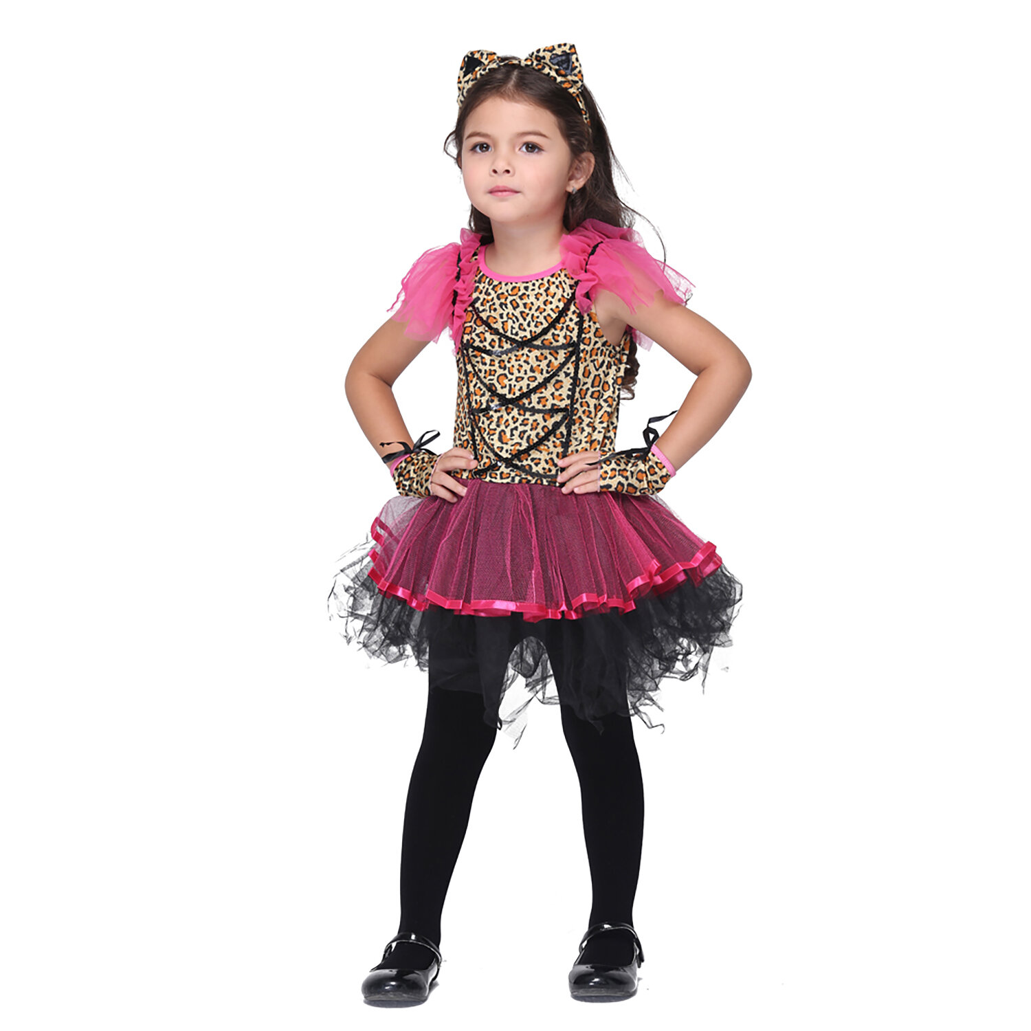 Костюм для девочек детский балетный принцесса для Хэллоуина сказка с леопардовым принтом и розовым цветом размеры S (3-5 лет), M (5-7 лет), L (7-9 лет), XL (9-11 лет) материал ткань для купальников и сетчатая ткань включает головной убор, платье и