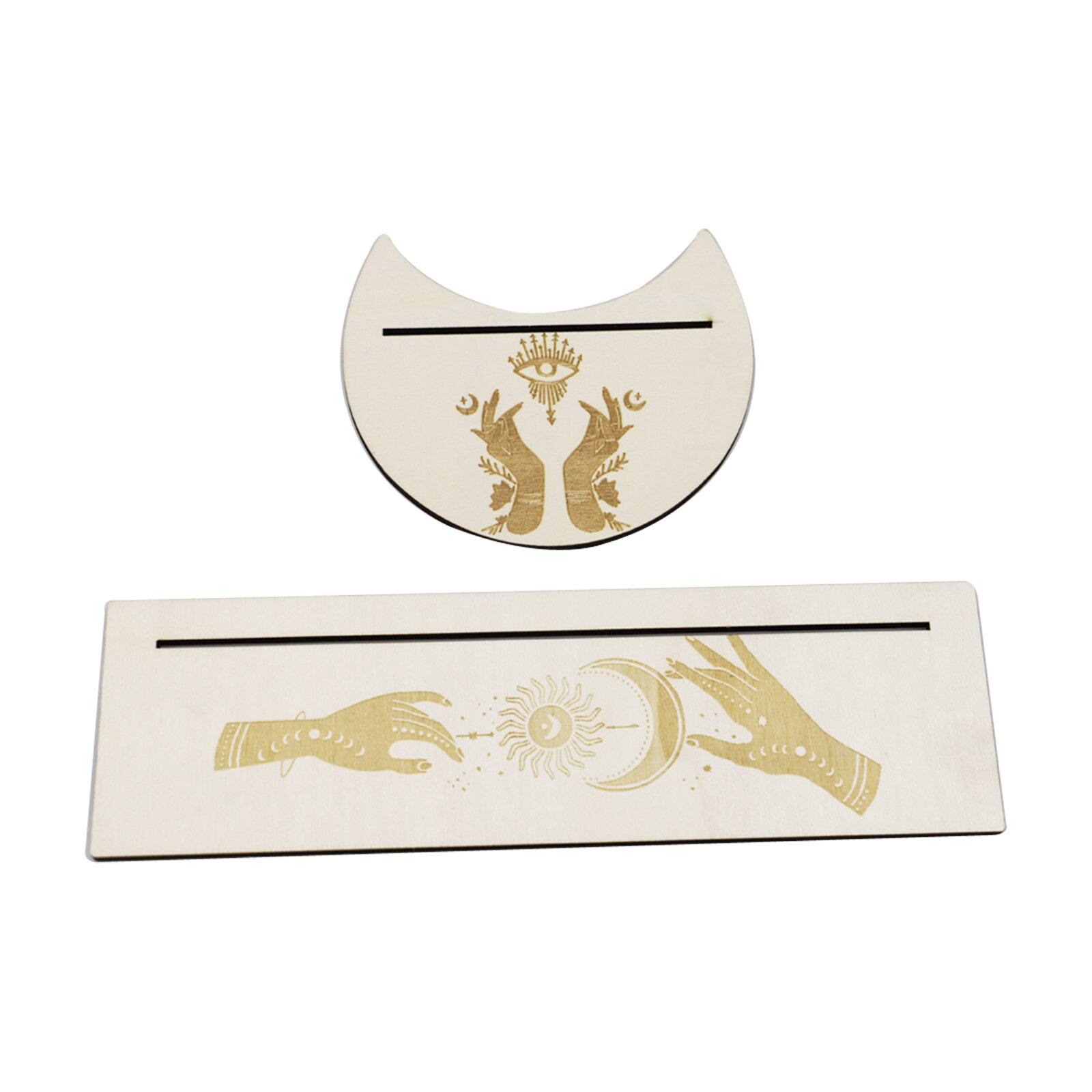 2PCS Таро Стойки Деревянные Прямоугольные Луна Форма Подставки для Таро Деревянные Подставки для Карточек Инструменты для Видения Утварь Декор, Светло Коричневый Пластик Размер Луна 12.5*10.5*0.5см Прямоугольная Плита 25*7.5*0.5см Типы H45481-1 H45481-2