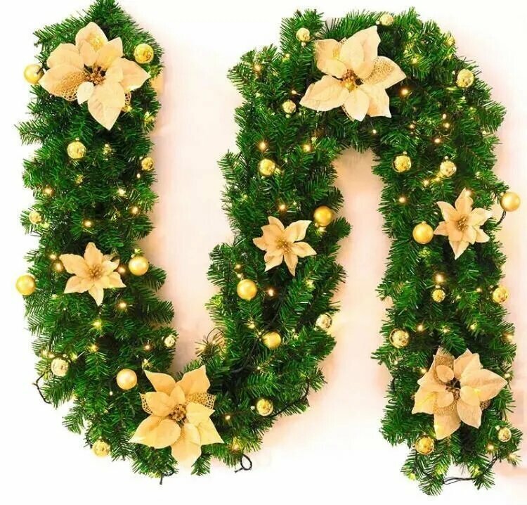 Гирлянда хвойная с шариками, бантами, подсветкой; гирлянда новогодняя хвоя