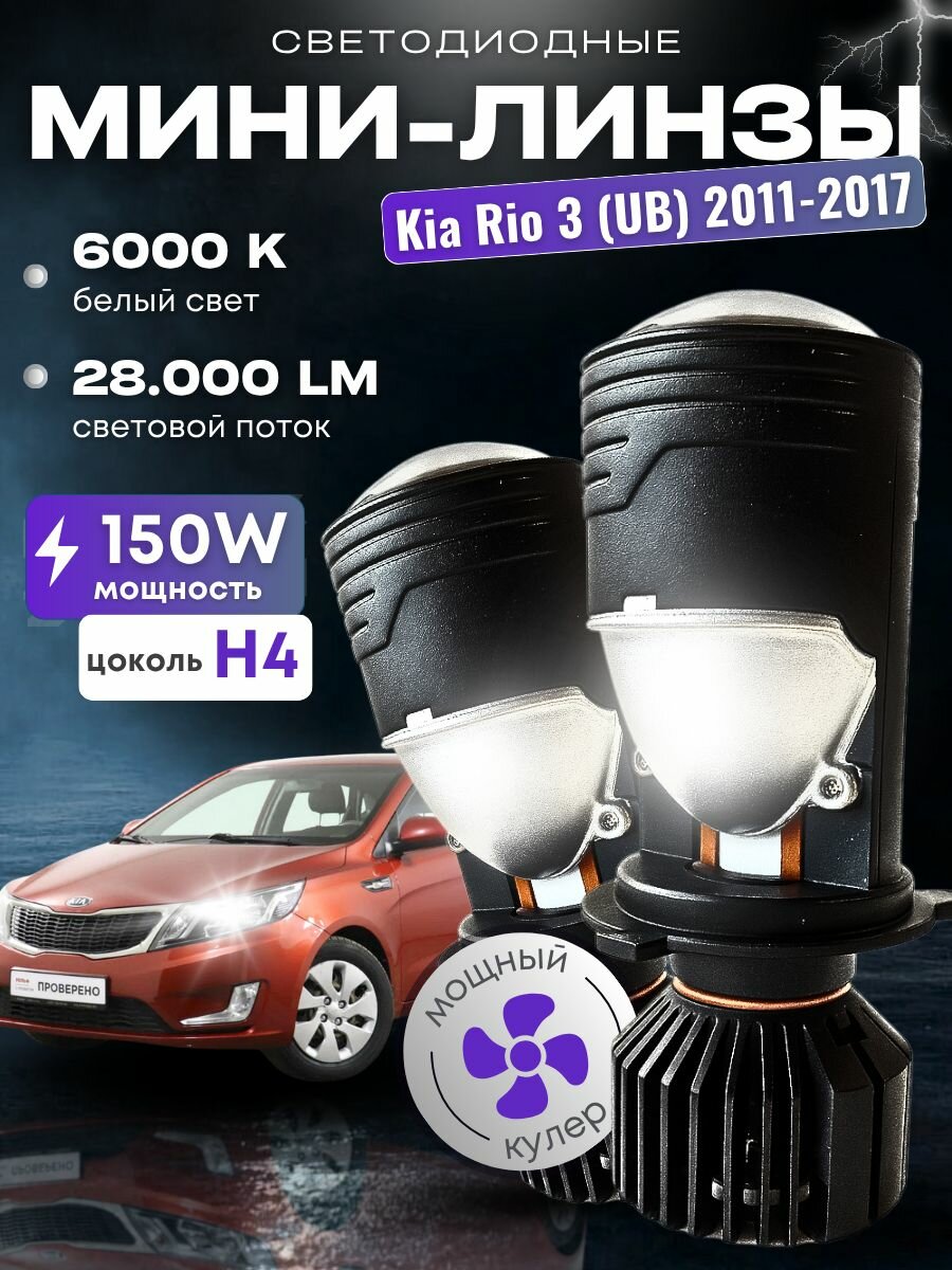 Светодиодные мини линзы H4 LED в фары Kia Rio 3 (UB) 2011-2017 г. в, Н4 лед лампы c линзой H4 для Киа Рио 3