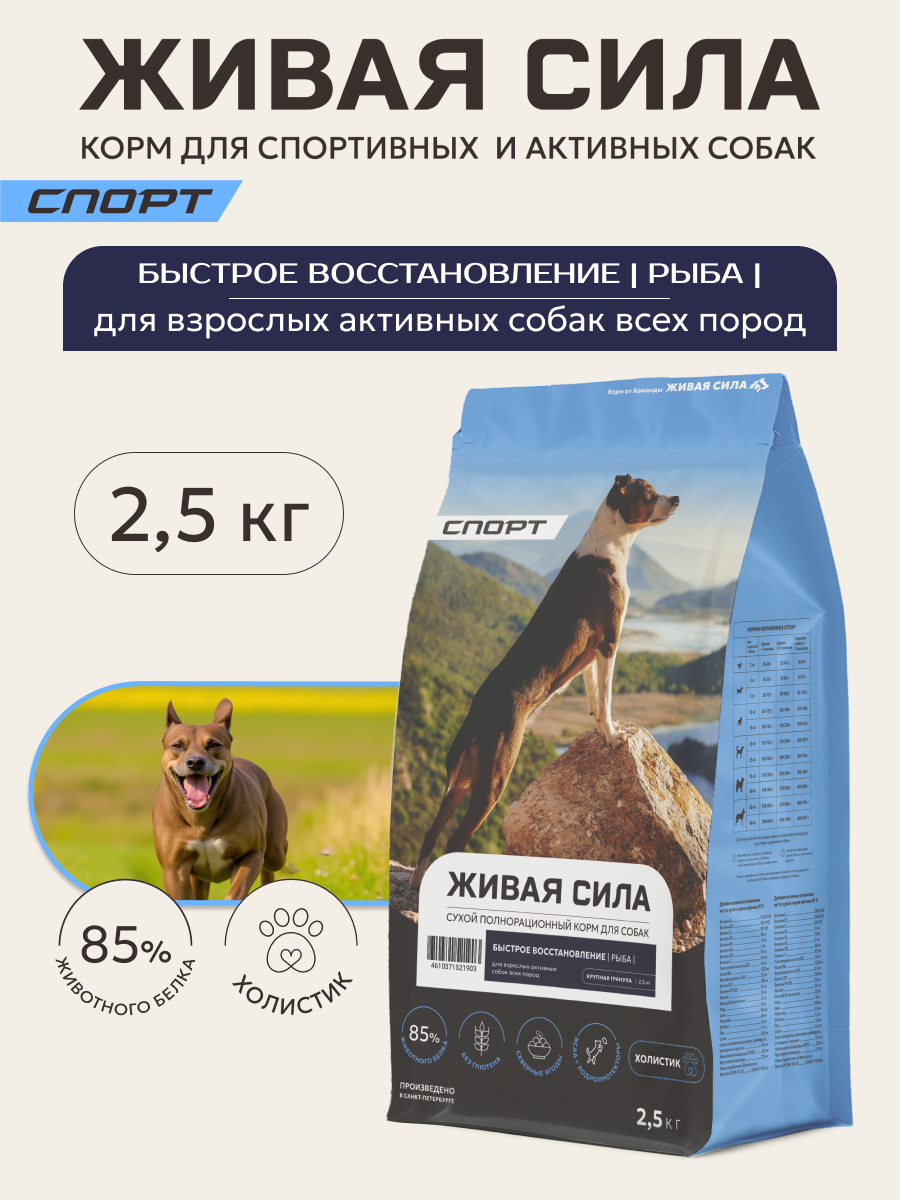 Живая сила Спорт, корм с рыбой для активных собак всех пород , Крупная гранула (2,5 кг)