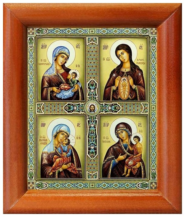 Четырехчастная икона Божией Матери "Материнство", в деревянной рамке 8*9,5 см
