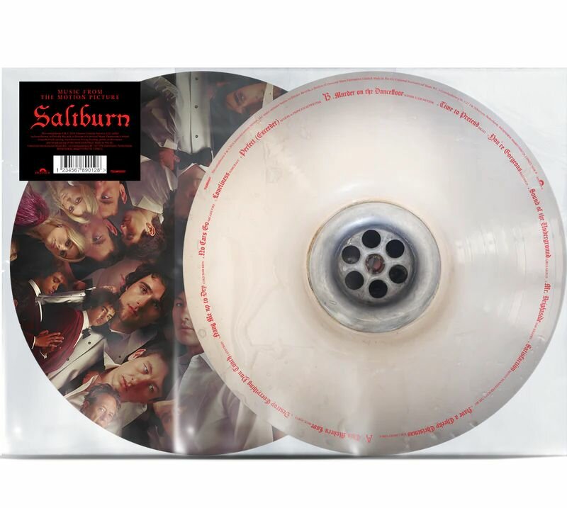 Солтберн OST (2000шт в мире Picture Disc USA Limited Soundtrack) Виниловая Пластинка с Изображением Белой Жидкости в Сливе Ванной, Saltburn, Фиты: Sophie Ellis-Bextor, MGMT, The Killers, Benny Benassi