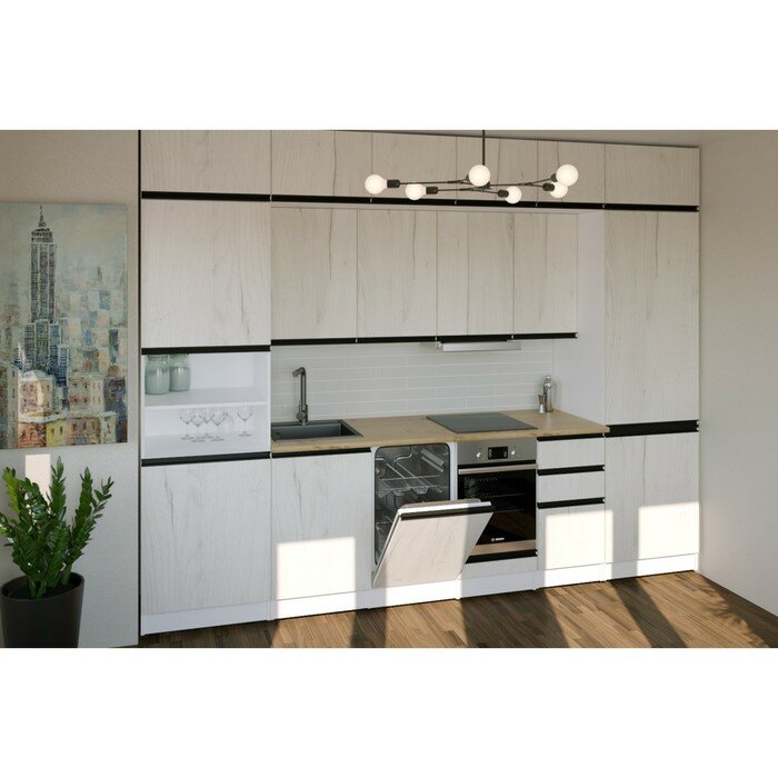 Кухонный гарнитур трёхуровневый в потолок «Амели люкс», 3000×600 мм, цвет белый/дуб бунратти/дуб грей