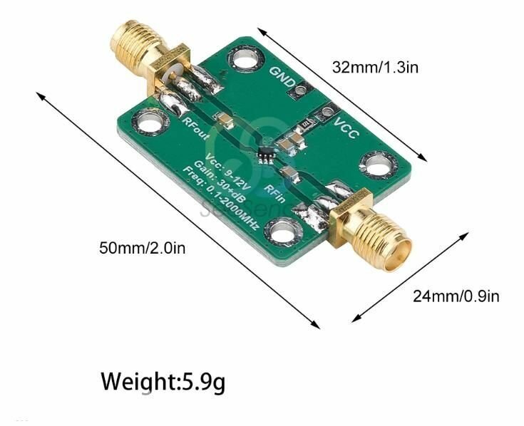Усилитель SMA 0.1-2000 МГц широкополосный высокочастотный LNA RF, 32db, 9-12В, 33х25мм усилитель антенны для антенн сигнализации ворот и пр.