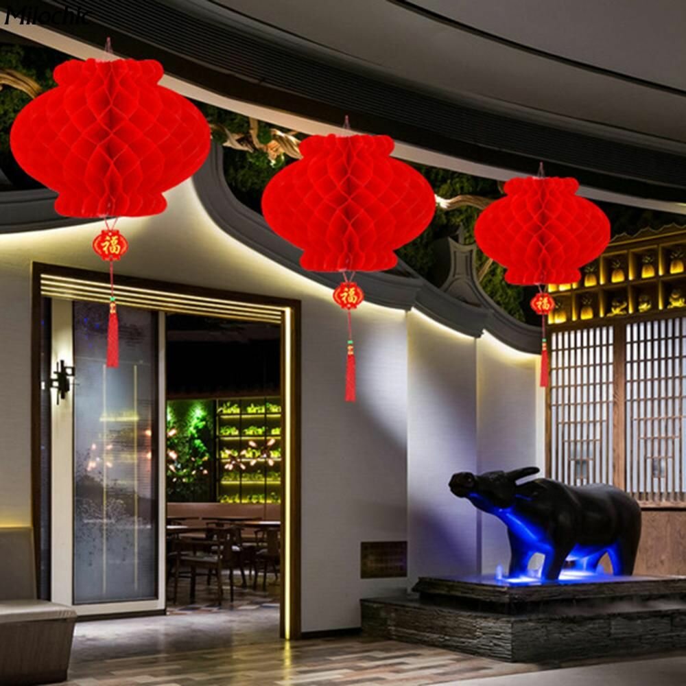 10, Новогодние красные бумажные фонарики, висячие фонарики