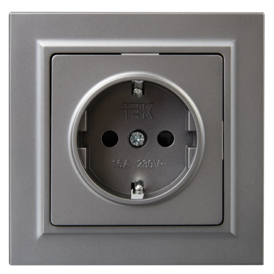 Розетка силовая штепсельная IEK / ИЭК Brite РСР14-1-0-БрС в сборе, одноместная, 16А, нержавеющая сталь с заземлением и защитными шторками, BR-R14-16-K46-F / электрооборудование