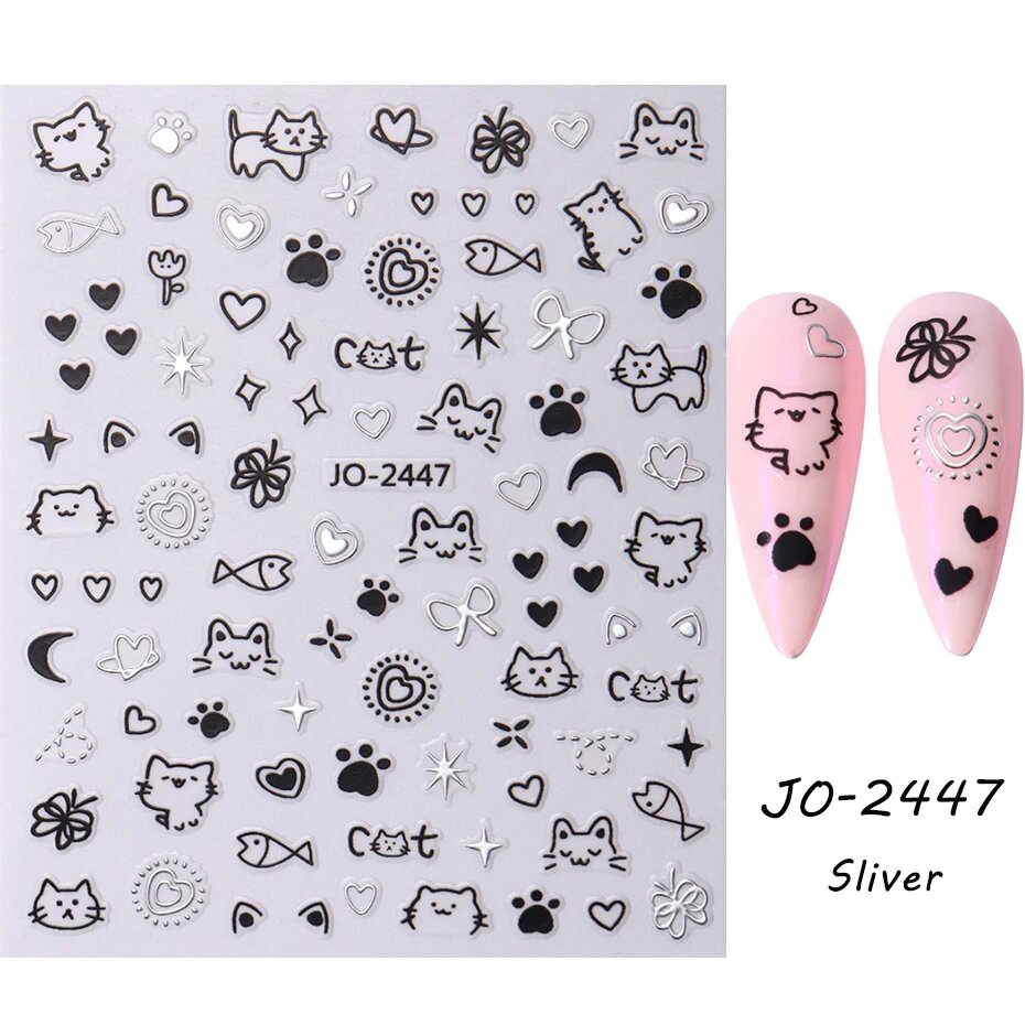 Наклейки для ногтей JO-2447 Sliver, котики, сердца, 3D