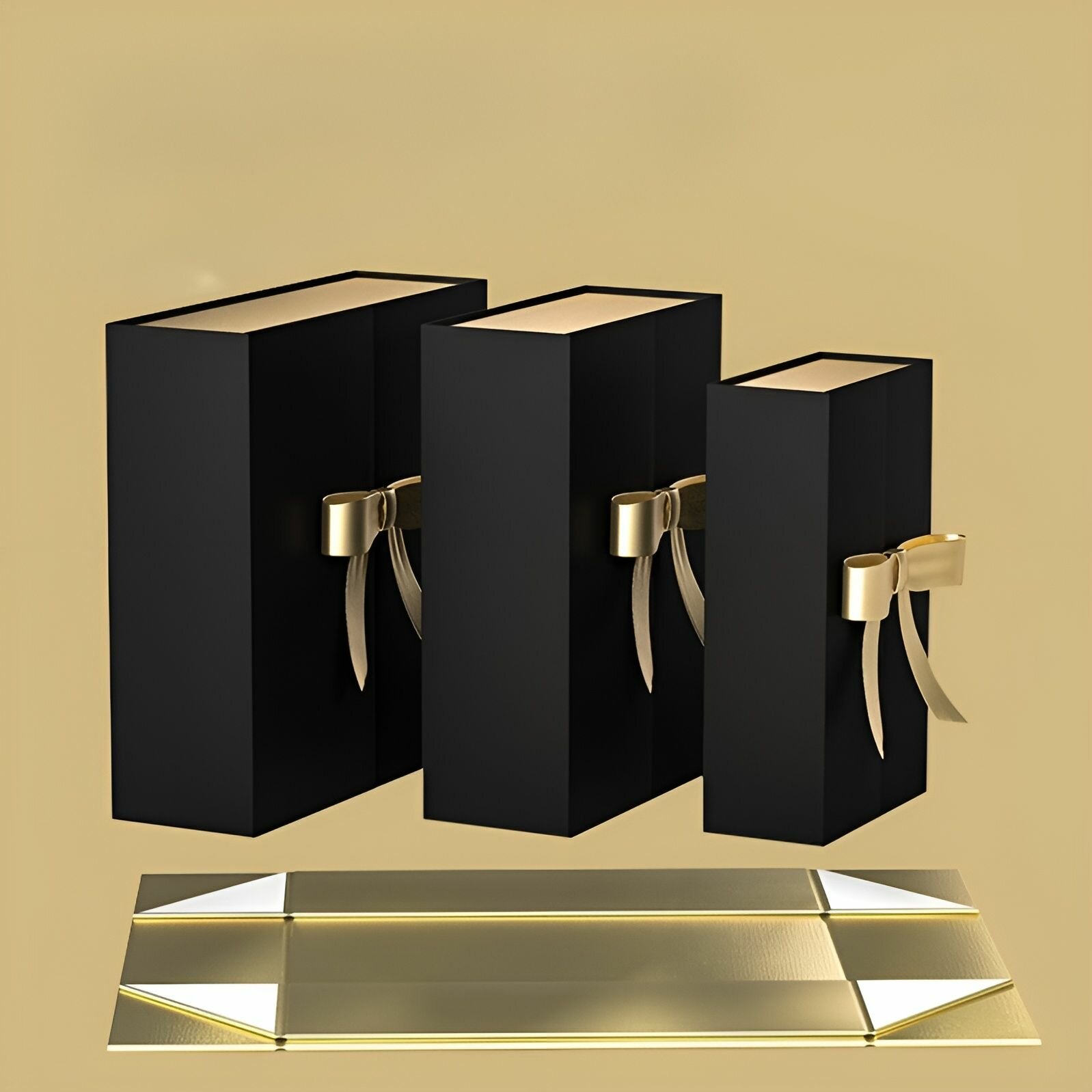 Подарочная коробка самосборная с двойными створками и бантом черная с золотым 29*28.5*9.5 см К00054