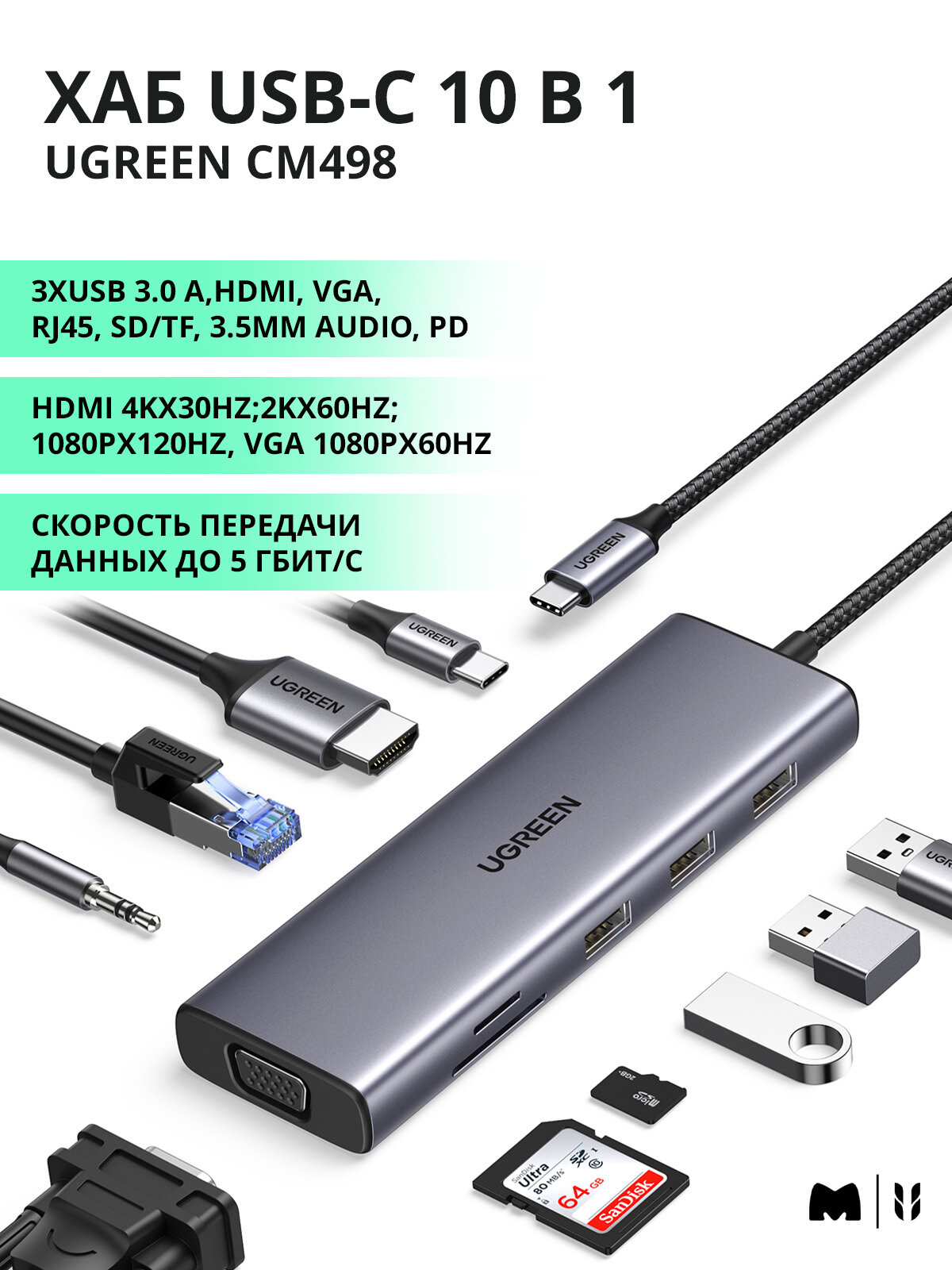 Хаб UGREEN CM498 USB-C To 3хUSB 3.0 A+HDMI+VGA+RJ45 Gigabit+SD/TF+AUX3.5mm+PD, цвет серый (15601)