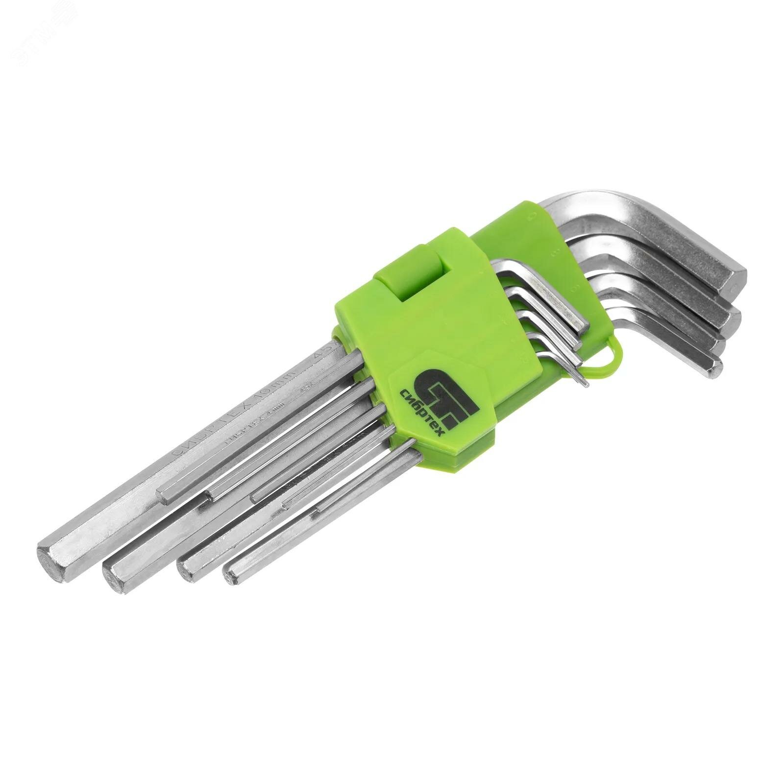 Набор ключей Сибртех имбусовых HEX, 1.5-10 мм, 45x, закаленные, 9 шт, удлиненные, никель