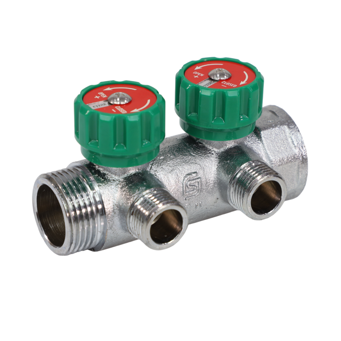 Коллектор латунь 1" ВР/НР на 2 вых 1/2" НР м/о 45мм под плоское уплотнение с регулирующими клапанами SantechSystems