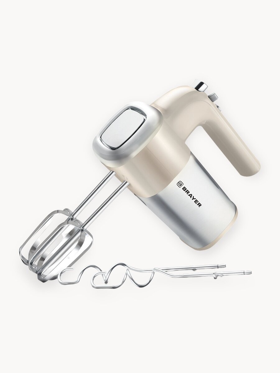 Миксер электрический ручной BRAYER BR1312, 800 Вт, 5 режимов, турборежим, 2 венчика, 2 крюка, кремовый