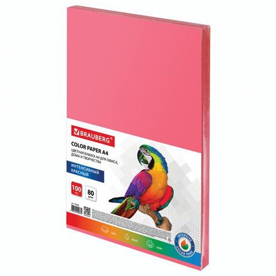 Бумага цветная Brauberg , А4, 80 г/м2, 100 л, интенсив, красная, для офисной техники