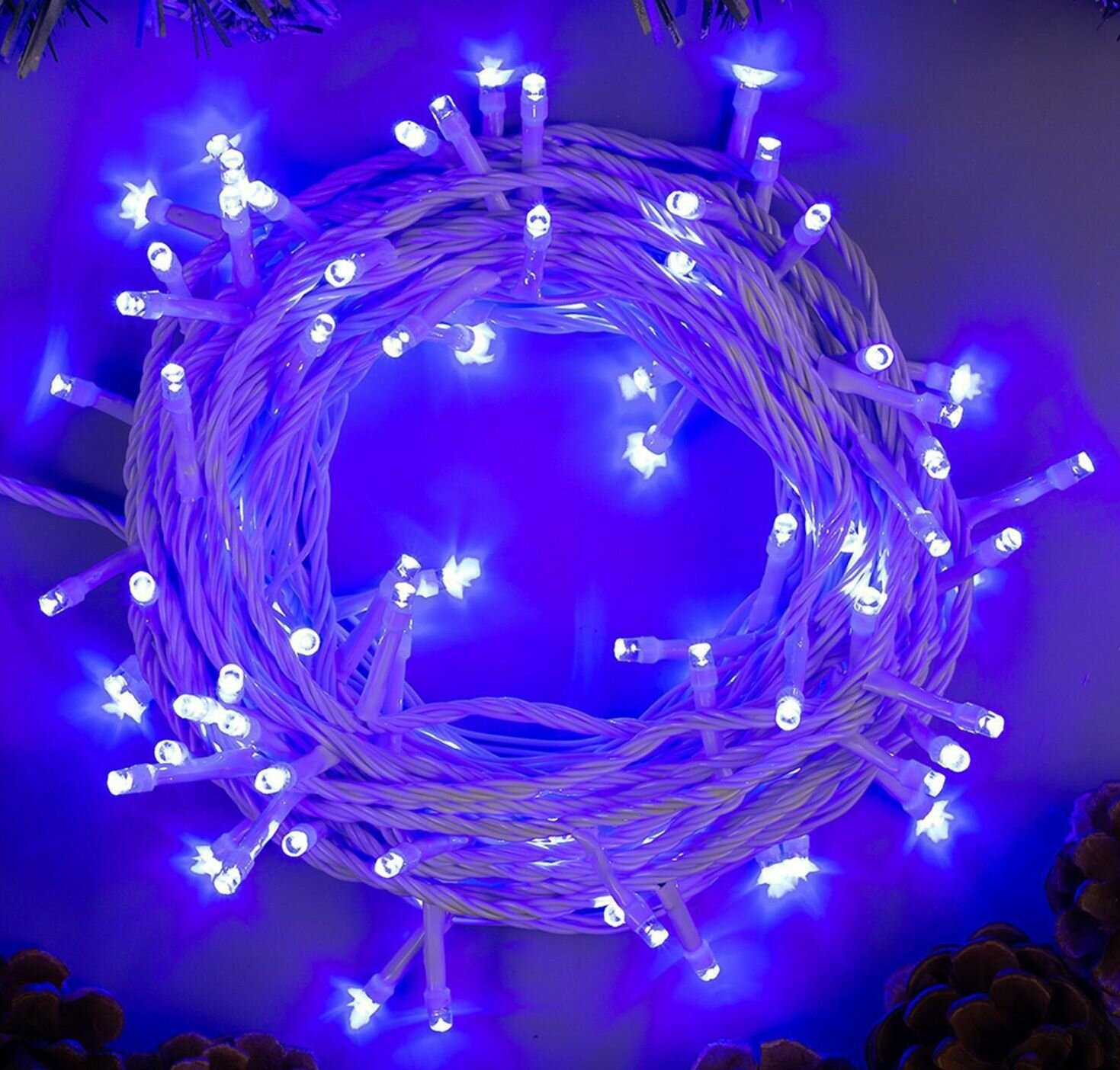 Гирлянда интерьерная светящаяся "Нить" 10 м, IP20, белый шнур, 100 LED, свечение синее, 8 режимов, работает от сети, 220 В, декоративная новогодняя электрогирлянда