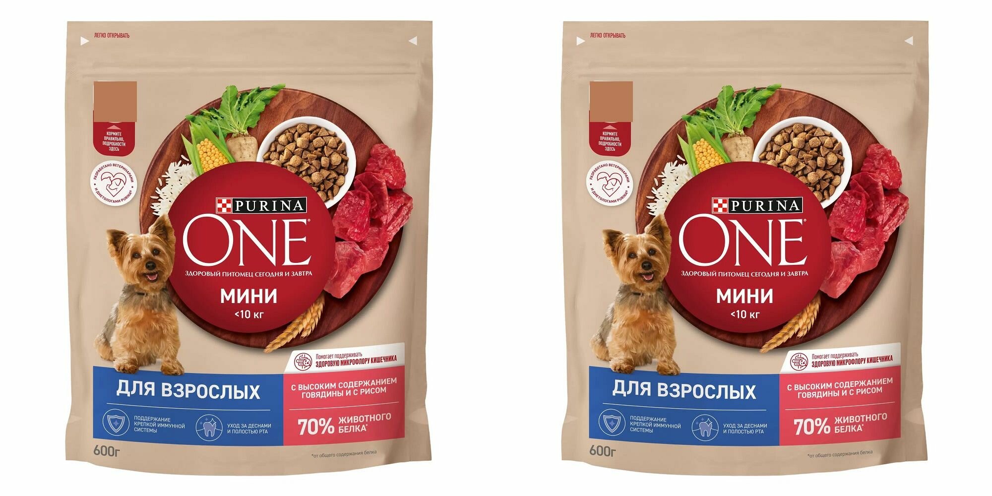 Purina One сухой корм для собак мелких пород с высоким содержанием говядины с рисом, 600 г, 2 шт