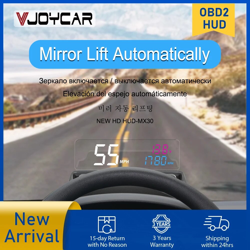 Обновление Vjoycar 2023, зеркало с автоматическим подъемом HUD MX30 Pro, проектор скорости вращения с большим и четким шрифтом, KM/H, MPH, автомобильные аксессуары, охранная сигнализация