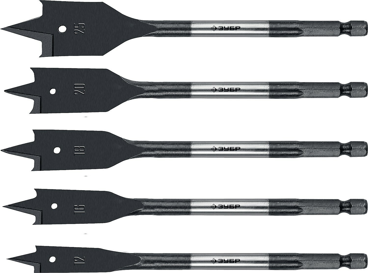 Набор перовых сверл ЗУБР, 5 шт, 12-16-18-20-25 мм, хвостовик HEX 1/4", для дерева