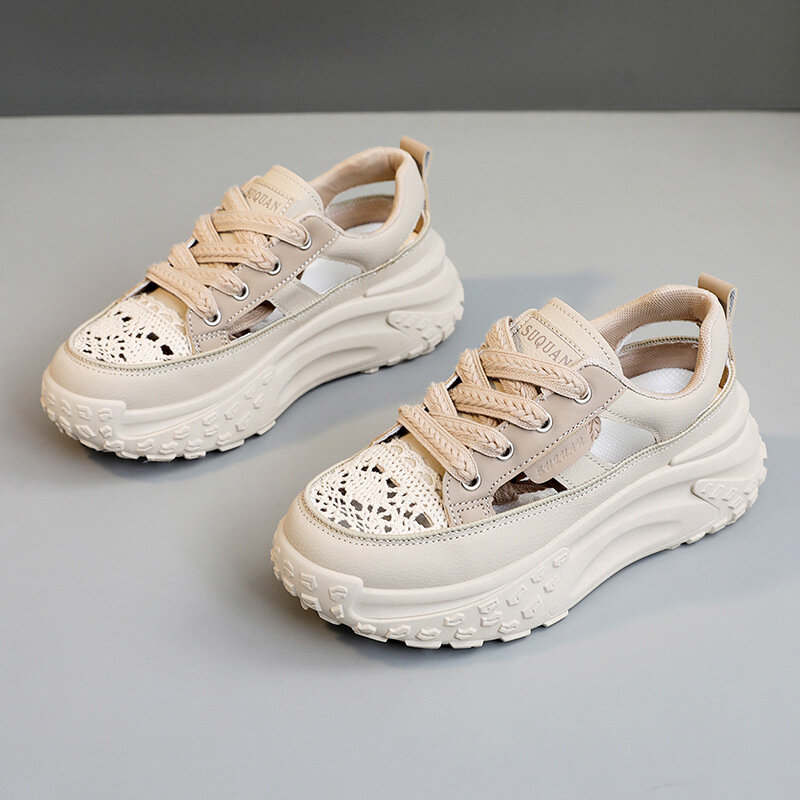MOOCIE Новые стильные белые туфли для женщин, полые, дышащие, летние кроссовки с толстой подошвой, увеличивающие рост, повседневная обувь, женская спортивная обувь