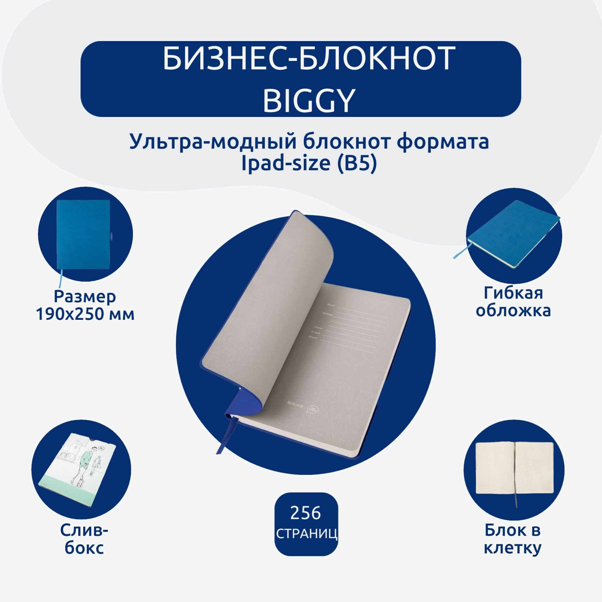 Бизнес-блокнот "Biggy", B5 формат, голубой, серый форзац, мягкая обложка, в клетку