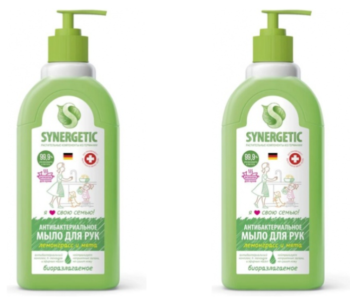 Жидкое мыло для рук Synergetic, с ароматом лемонграсса и мяты, 0,5 л, 2 шт