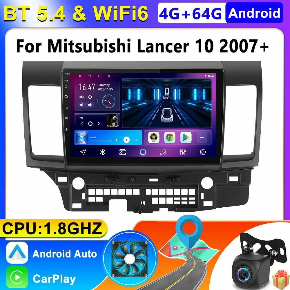 Магнитола для Mitsubishi Lancer 10 2007+, 4 ядерный процессор 4/64Гб ANDROID, IPS экран 10 дюймов, Wifi, андроид штатная автомагнитола, головное устройство Митсубиси Лансер