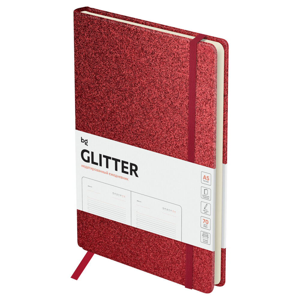 Ежедневник недатированный А5 136л. BG Glitter. Red красный с резинкой