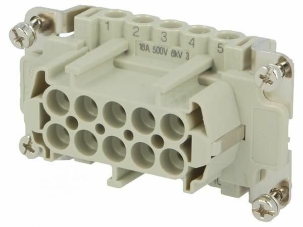 Разъем HDC ILME CNEF10T питания промышленный, "мама", коннектор PIN 10, конфигурация выводов 10+PE, размер 57.27, 16А, 500В, адаптер гнездо с защитой провода