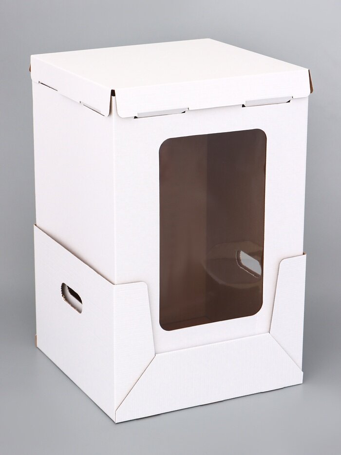 Коробка под торт, белая, с окном, 32.5×32.5×45 см
