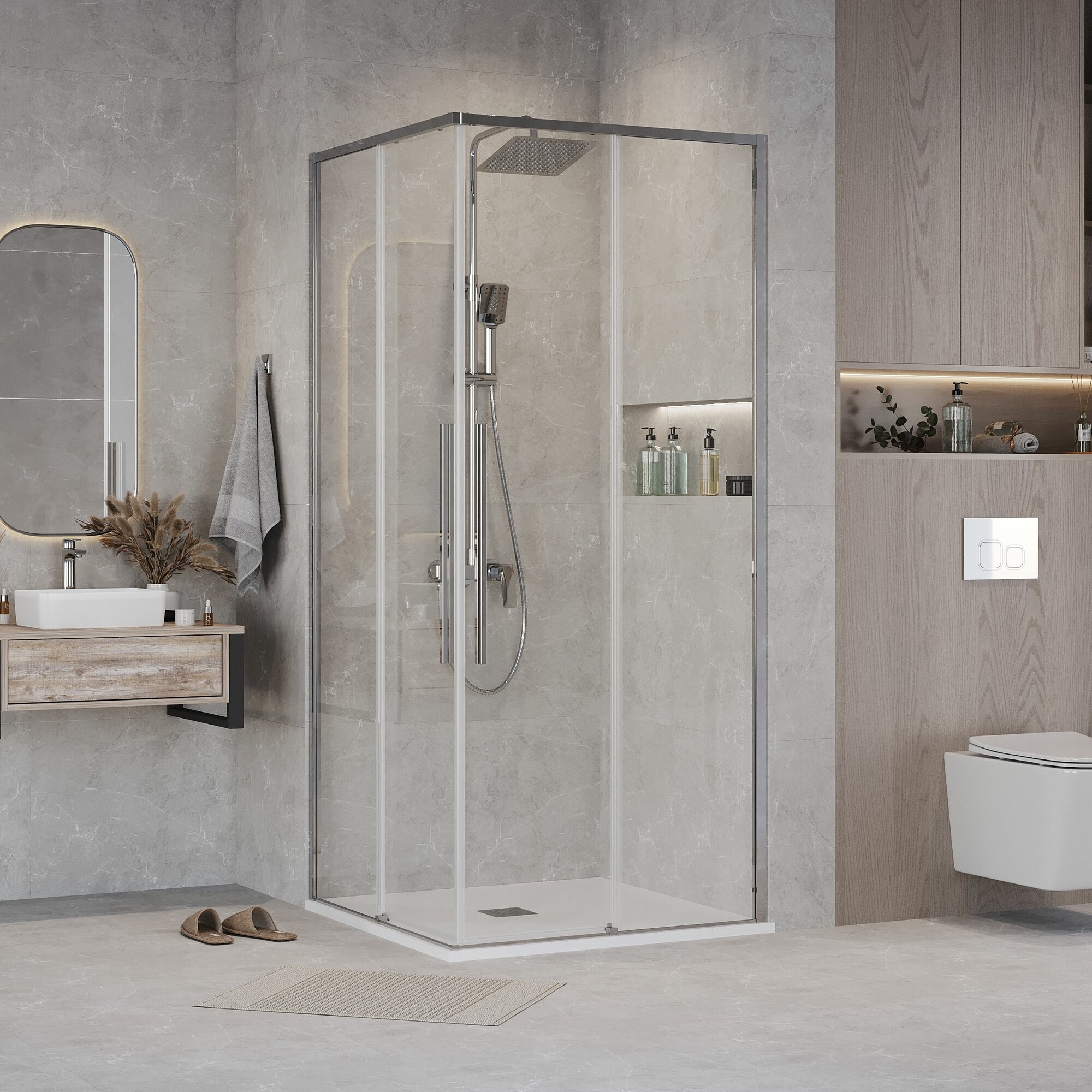 Душевое ограждение Grossman Galaxy 300. K33.01.8080.10.00 (80х80х195) квадрат, раздвижная, хром, стекло прозрачное, 1 место