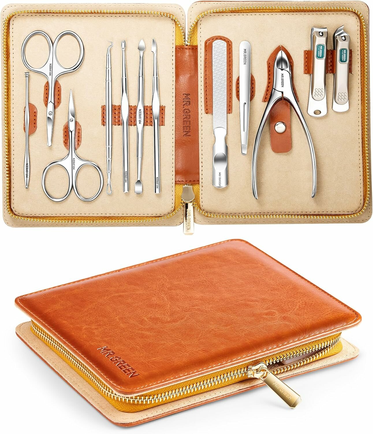 Mr.Green Professional Набор (12 шт) MR-6012 из нержавеющей стали для маникюра, педикюра, ухода с кожаным чехлом (MR-6012)