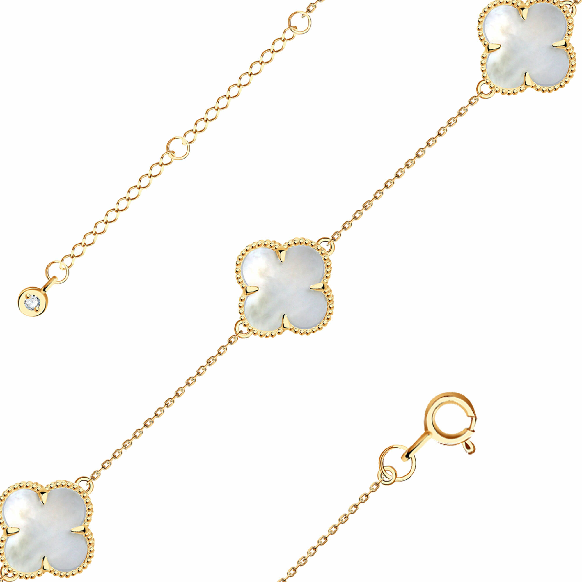 Браслет, красное золото, 585 проба, перламутр, фианит