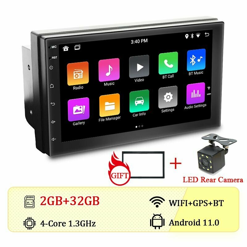 Автомобильная магнитола 2DIN Android 11 7" 1024x600 2ГБ/32ГБ с GPS, Bluetooth, Wi-Fi, USB и камерой заднего вида