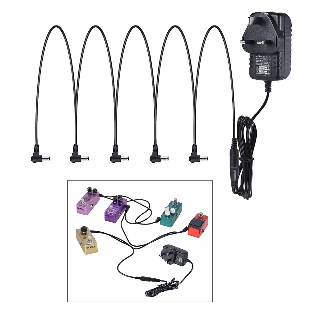 Адаптер питания постоянного тока 9 В, 1000 мА, 5-контактное шлейфовое соединение для гитарных педалей эффектов, отрицательный внутри, положительный снаружи, 5-хордовый кабель