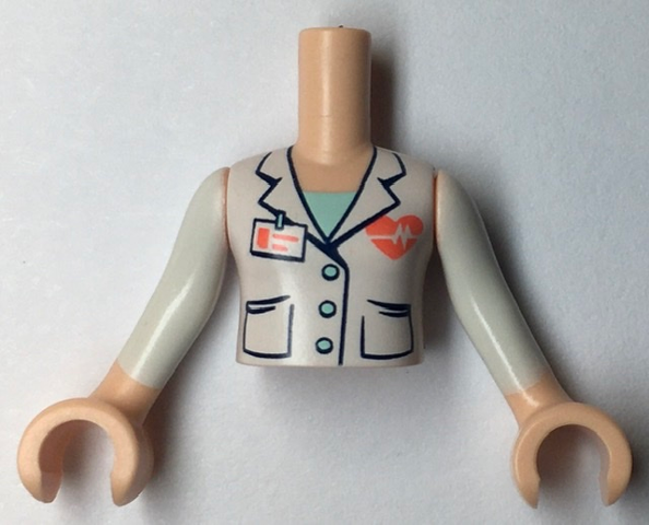 Torso Mini Doll Girl White Jacket with 3 Buttons, Coral Name Tag and Beating Heart Pattern, Light Nougat Arms with Hands with White Sleeves, FTGpb265c01 Light nougat U