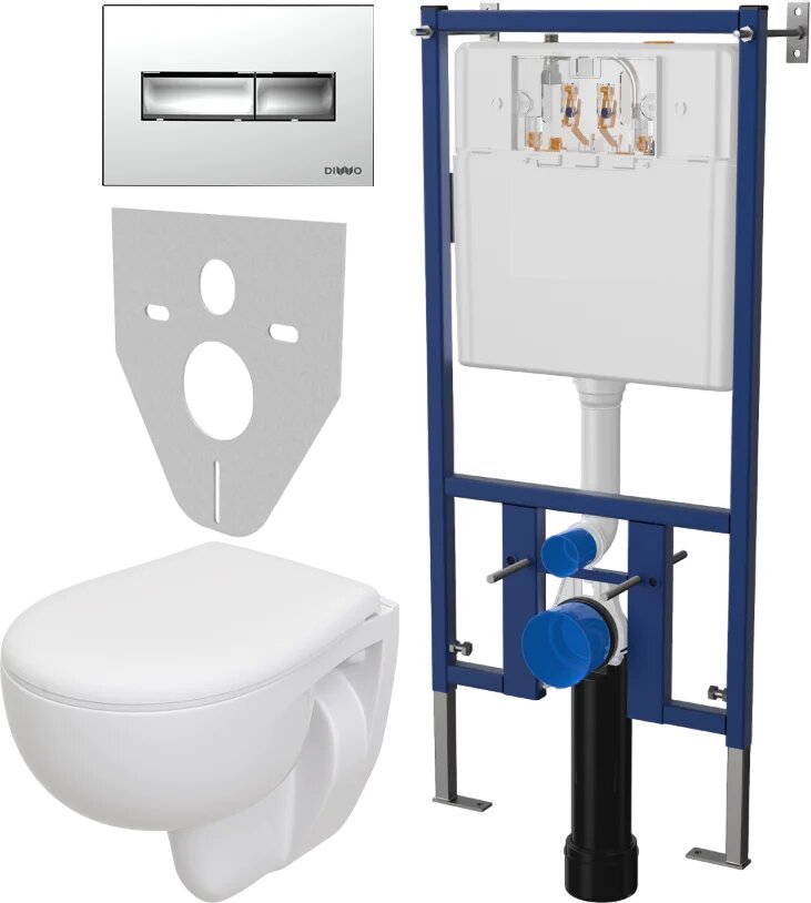 Комплект DIWO 6 в 1: инсталляция, унитаз подвесной Seramiksan Natura безободковый, кнопка смыва 7322 хром, шумоизоляция, крепления (инсталляция с унитазом комплект)