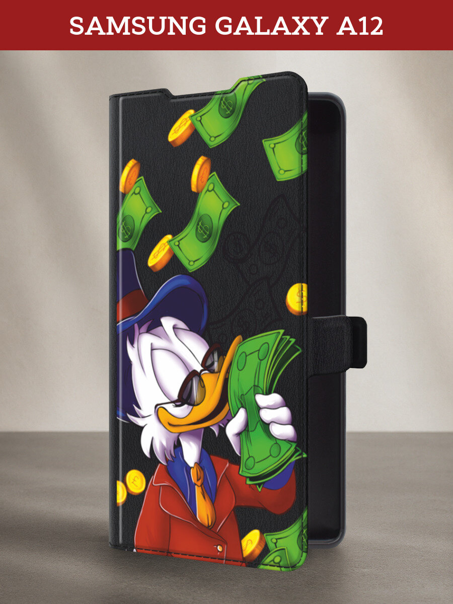 Чехол-книжка на Samsung Galaxy A12/M12 / Самсунг Галакси А12/М12 с принтом Скрудж с пачкой денег, черный