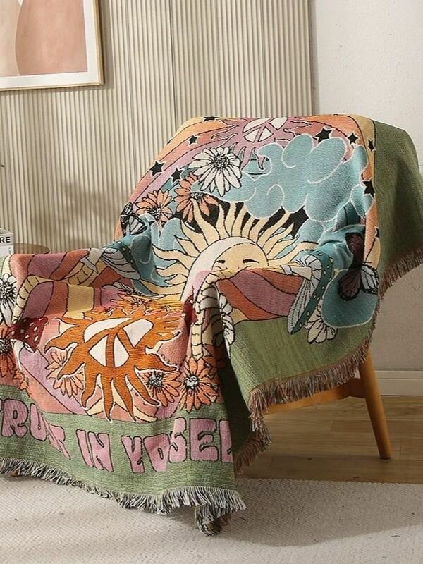 Плед-пончо , Полиэфирное волокно, 160 см х 130 см, Нитяное одеяло, мебельное покрывало