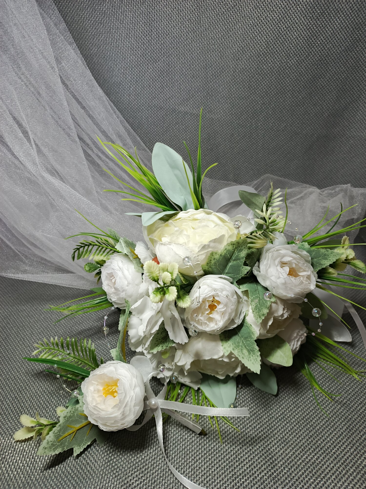 Букет-дублер и бутоньерки для жениха, для свадьбы, текстиль, белый, 26 см