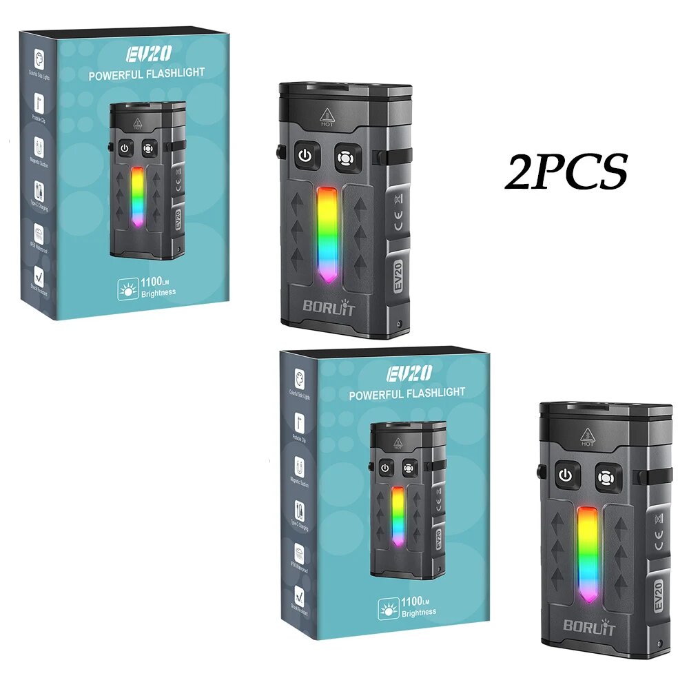 Фонарик BORUiT EV20 EDC, светодиодный фонарик-брелок, RGB-подсветка, 1100 лм, EV20-2PCS