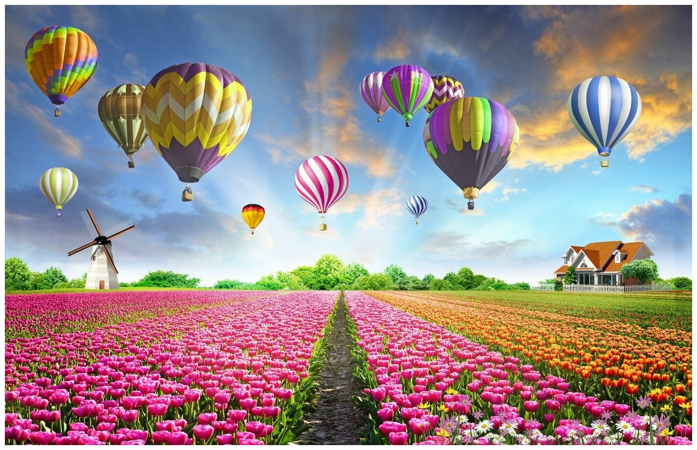Фотообои Уютная стена "Воздушные шары на плантацией тюльпанов" 420х270 см Виниловые Бесшовные (единым полотном)
