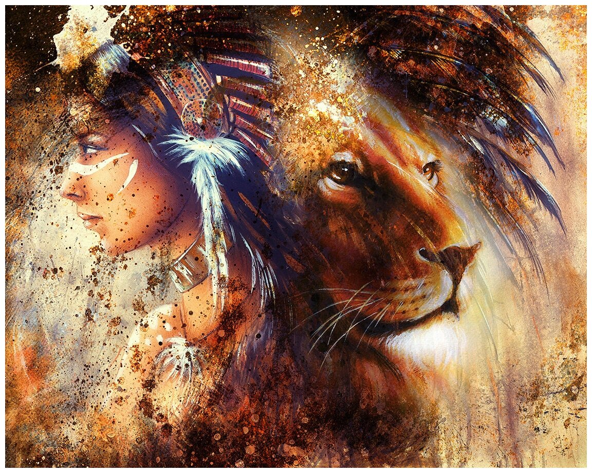 Фотообои Уютная стена "Женщина и лев" 340х270 см Бесшовные Премиум (единым полотном)