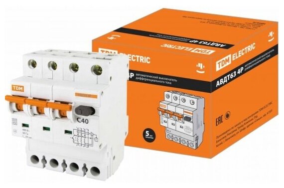 Дифференциальный автомат Tdm Electric АВДТ 63 4P(3Р+N) C40 30мА 6кА тип А (SQ0202-0020)