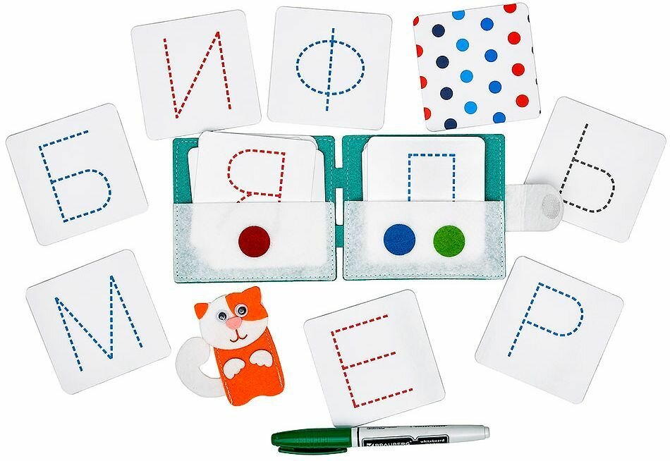 Набор карточек Smile Decor "Учимся писать. Печатные буквы", подготовка руки к письму, в наборе книжечка из фетра, маркер, карточки с буквами русского алфавита, пальчиковая кукла