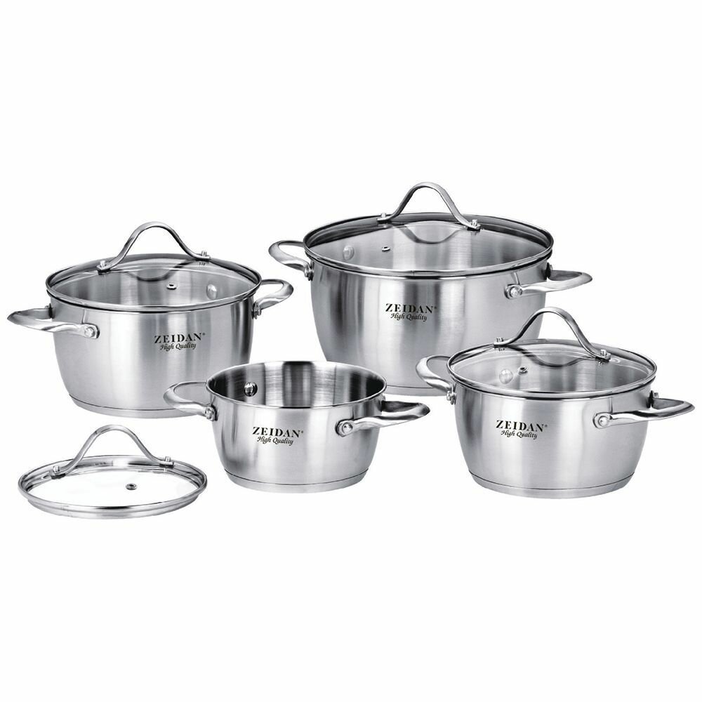 Набор кастрюль 2 л, 3 л, 3.6 л, 6 л нержавеющая сталь со стеклянной крышкой, для индукционных плит Zeidan, нержавейка 2,1 литра для газовой плиты