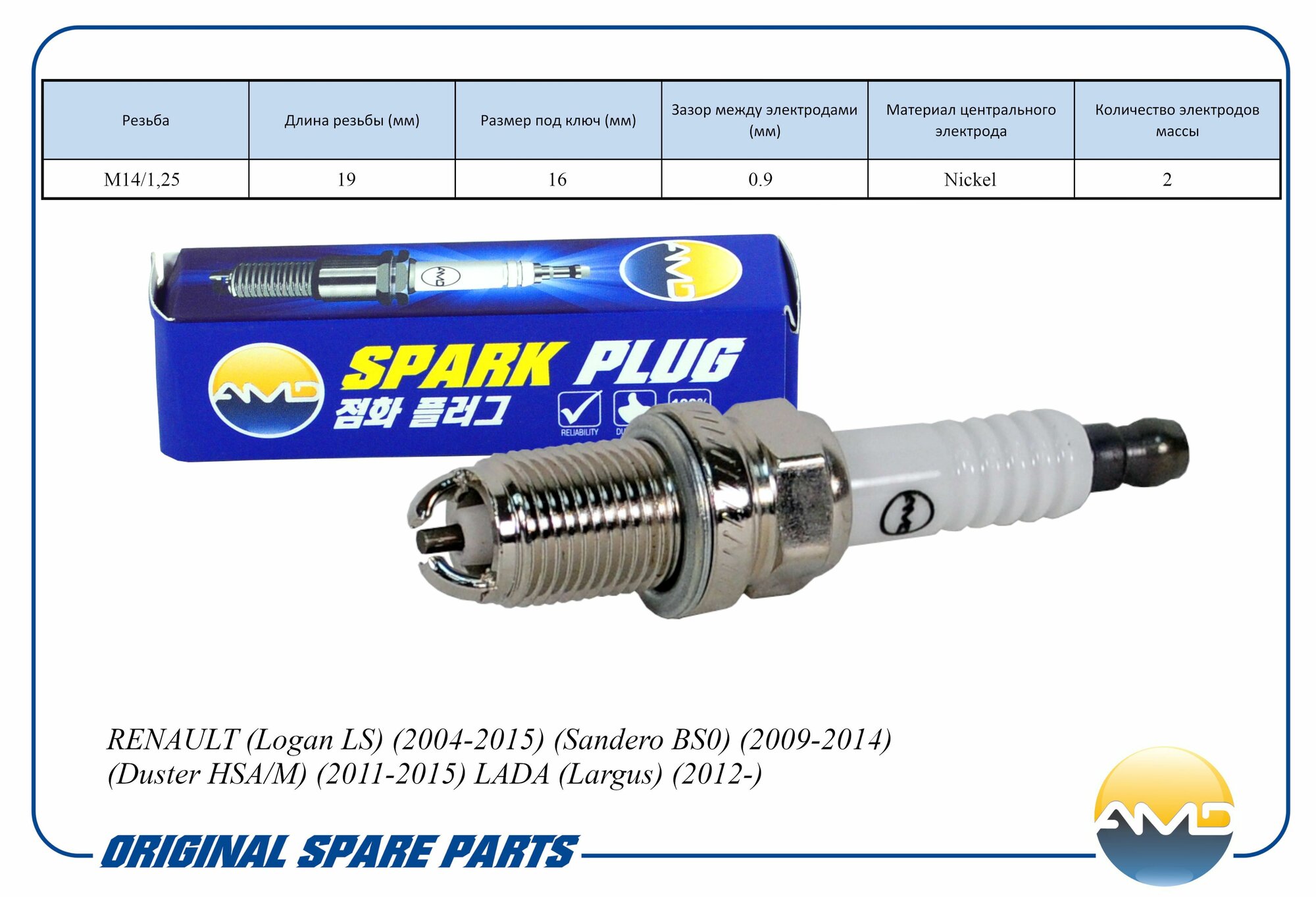 Свеча зажигания 7700500168/BKR-6EK/AMD. PL52 2 электрода массы Nickel RENAULT Logan LS 2004-2015 Sandero BS0 2009-2014 Duster HSA/M 2011-2015 LADA Largus 2012-