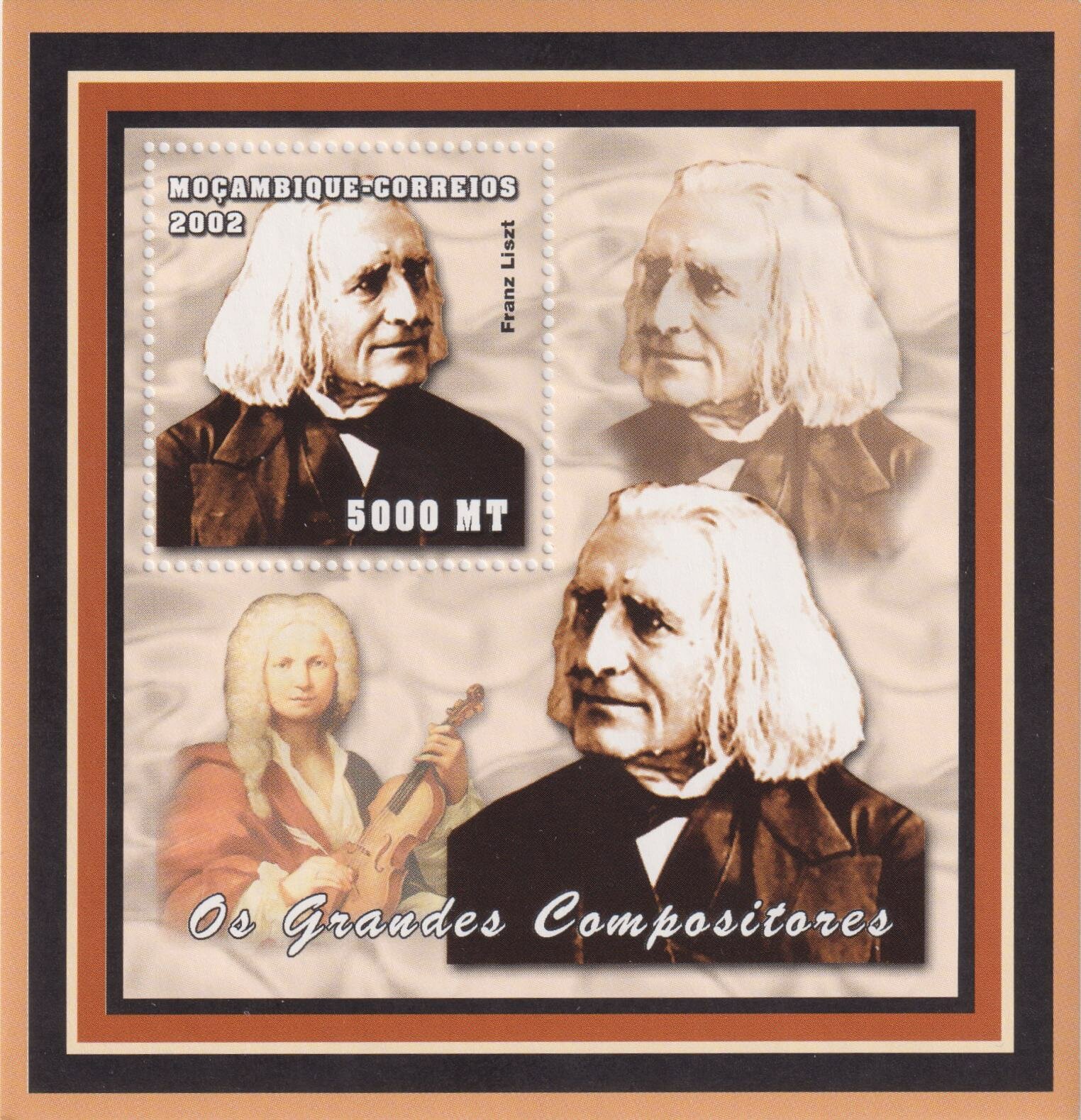 Почтовые марки Мозамбик 2002г. "Композиторы - Ференц Лист" Композиторы, Музыкальные инструменты MNH
