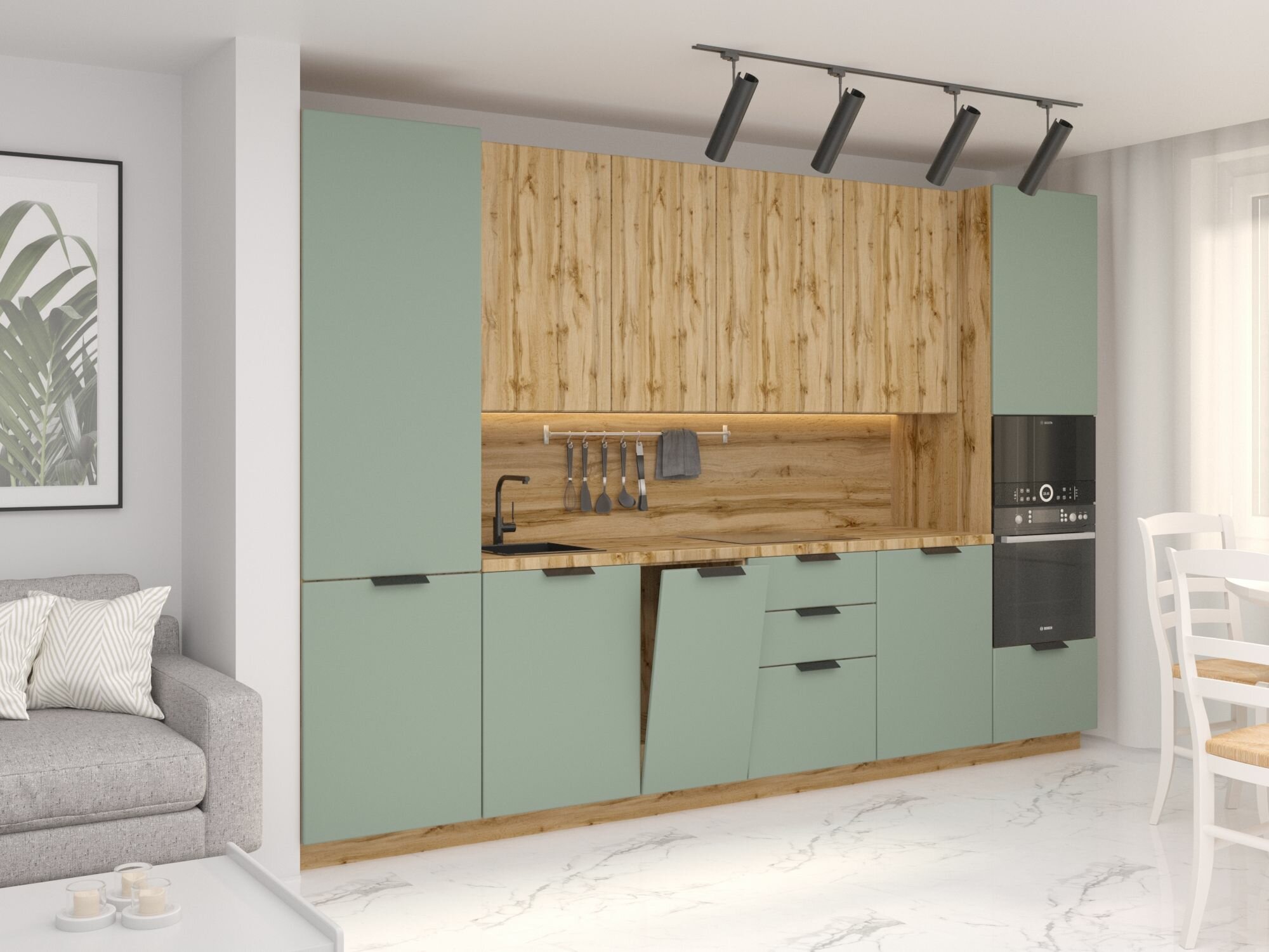 Кухонный гарнитур Фьюжн Silky Mint/Флэт Wotan Oak 2S, 3450 мм