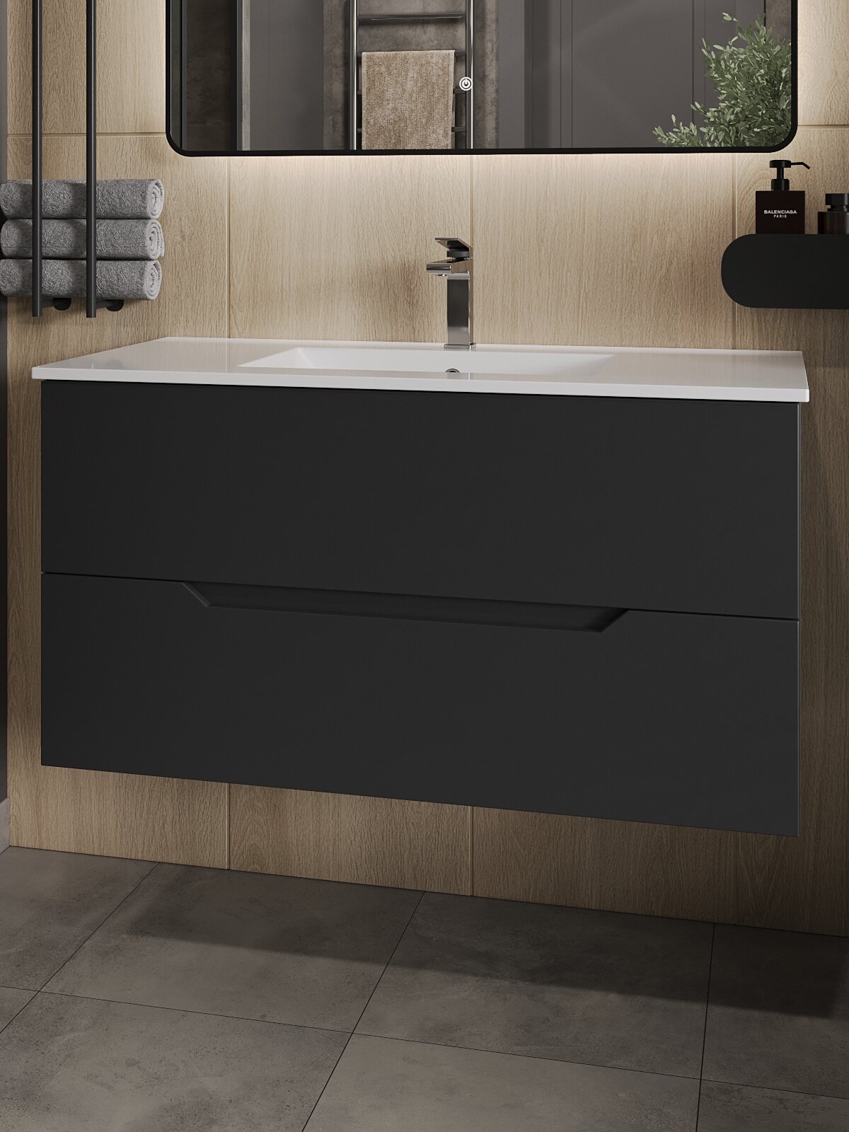 Тумба подвесная 100 с раковиной Orange Лайн Li-100Tub+Ra, черный матовый